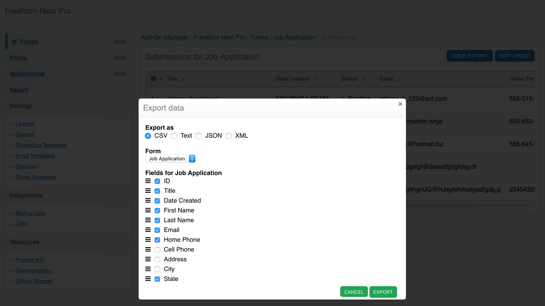 Exporting - Submissions Data | Freeform 3.x for ExpressionEngine | Solspace
