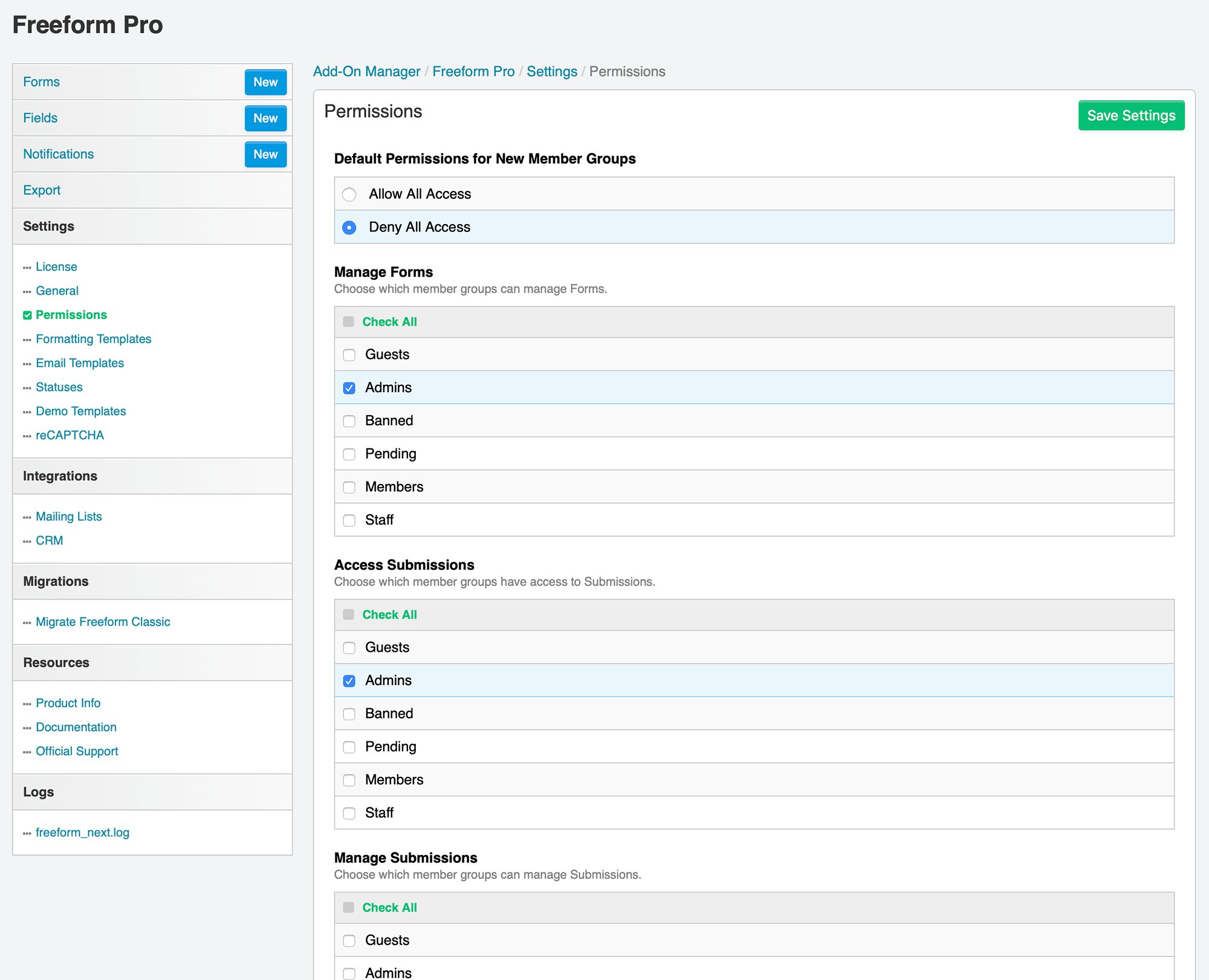 Permissions - Configuration | Freeform 2.x for ExpressionEngine | Solspace
