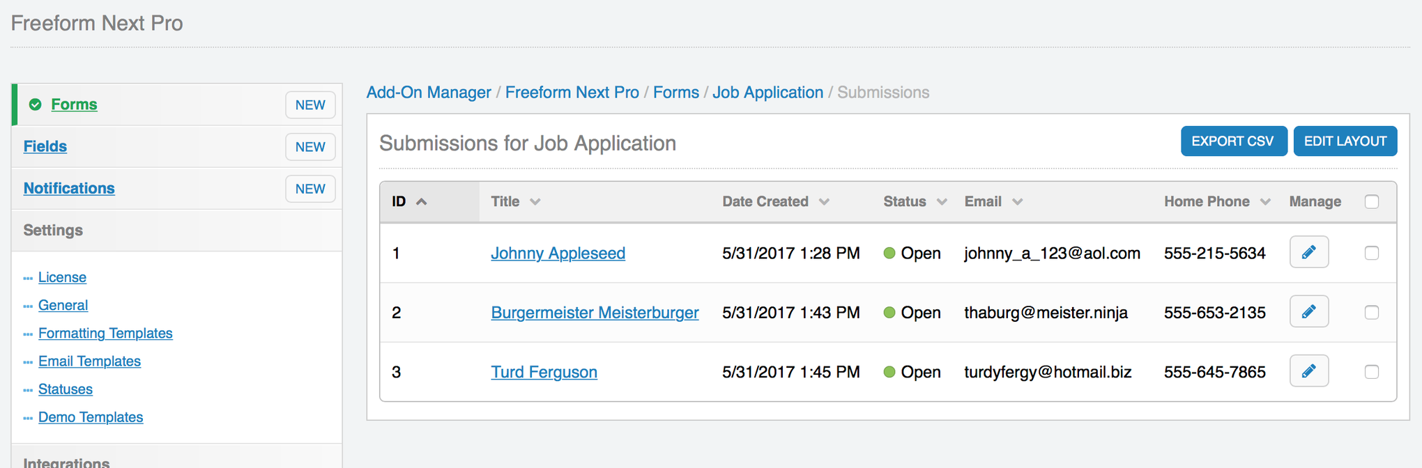 Submissions - Submissions Data | Freeform 3.x for ExpressionEngine | Solspace
