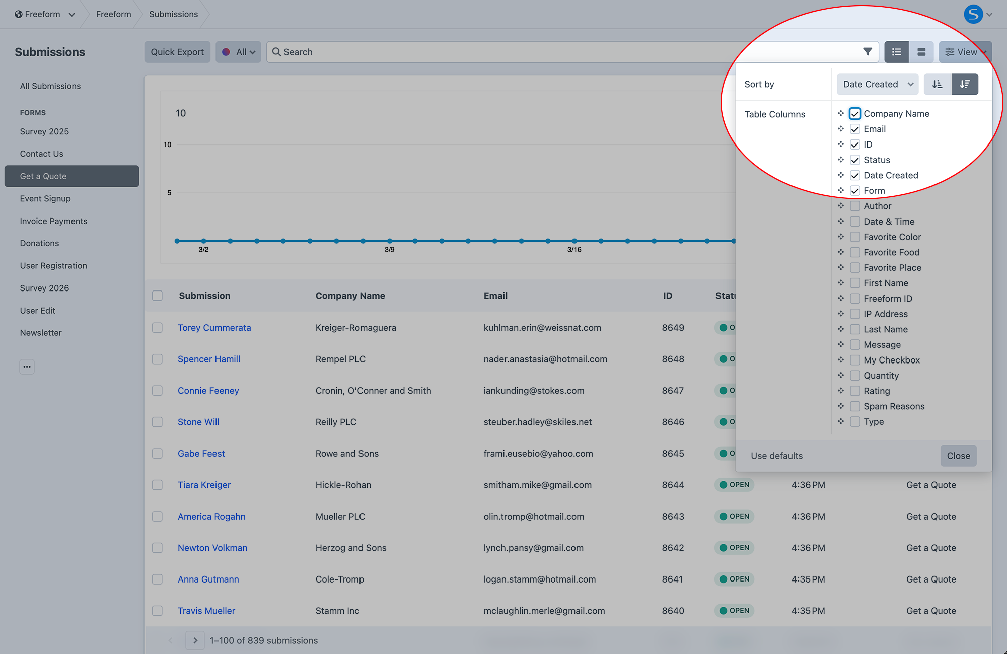 Customizing Submission Columns View in Control Panel - Guides | Freeform 5.x for Craft | Solspace